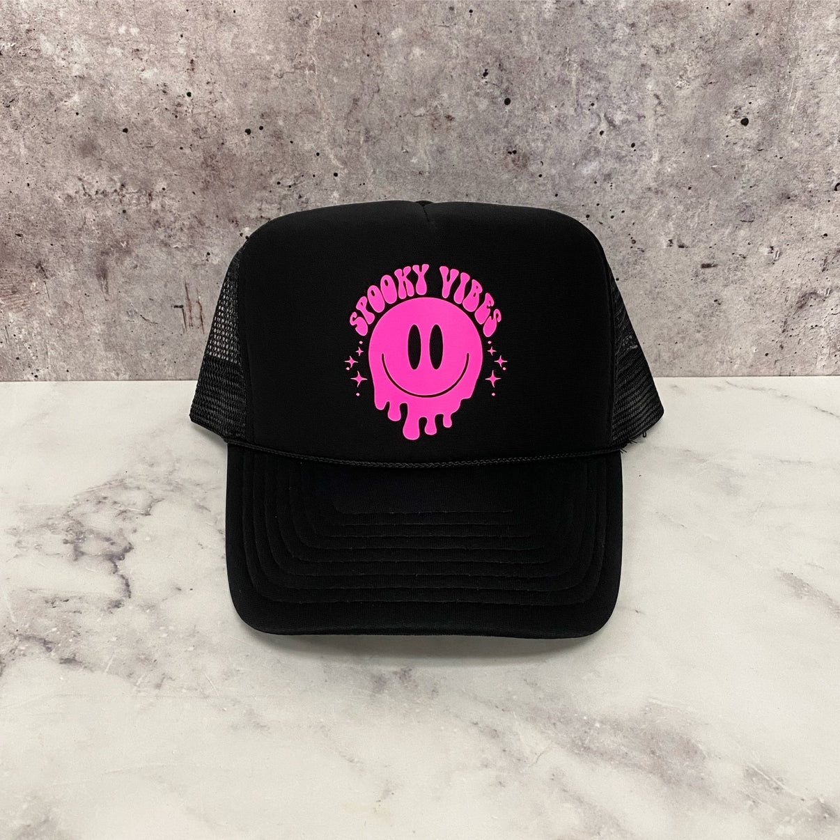 Spooky Vibes Drippy Smiley Trucker Hat – Gnarley Graphics